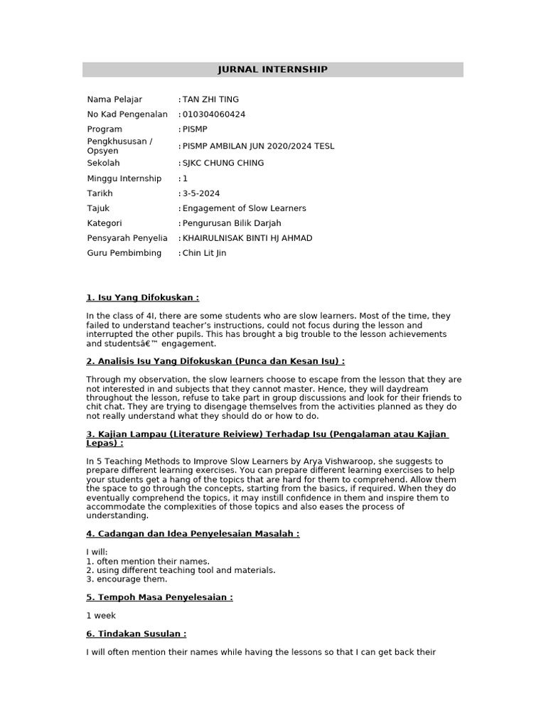 JURNAL INTERNSHIP Week 1 | PDF | Teaching Method | Procedural Knowledge