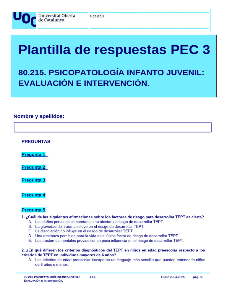 Plantilla Respuestas PEC 3-1 Psicopatologia | PDF | Ataque de pánico | Ansiedad