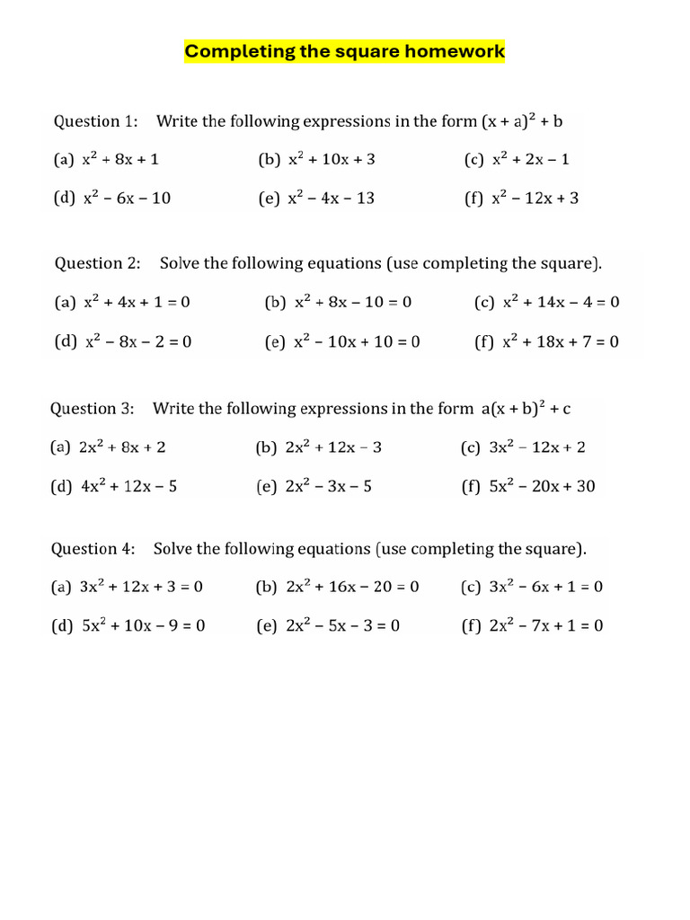 Completing The Square Homework | PDF