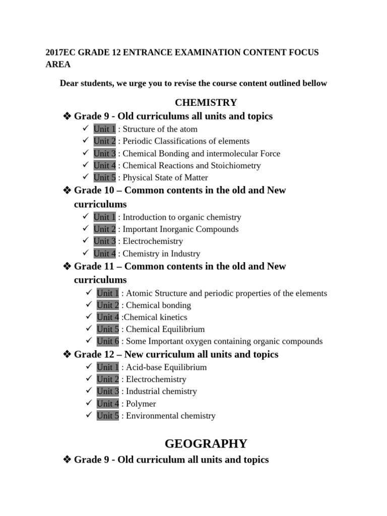 G12 Entrance Exaination Focus Area | PDF | Chemistry | Ethiopia