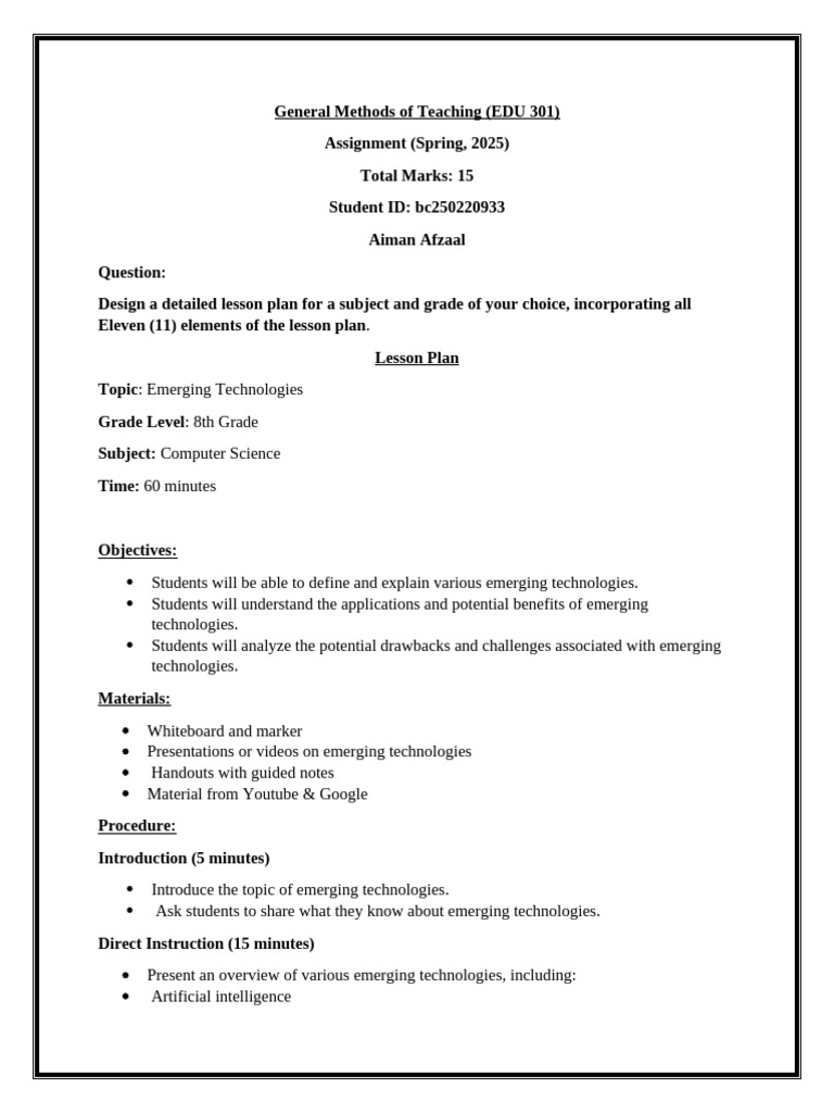 8th Grade Lesson Plan on Emerging Technologies | PDF