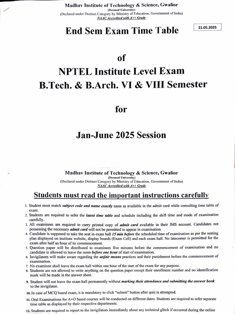 NPTEL Time Table June 2025 Examination | PDF | Engineering | Computing