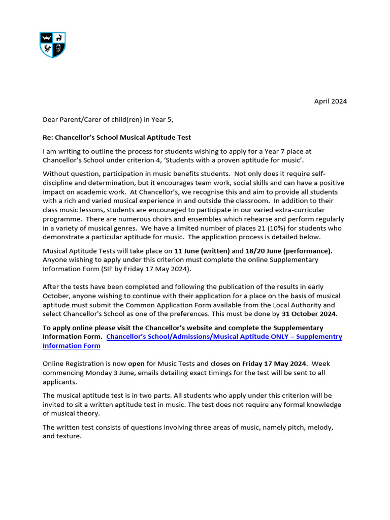 Music Aptitude Letter - Year 5 Parents 2024 | PDF | Pitch (Music ...