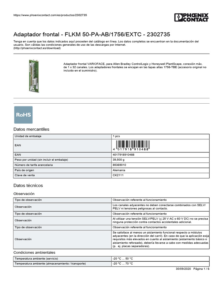 Adaptador Frontal - FLKM 50-PA-AB/1756/EXTC - 2302735: Datos ...