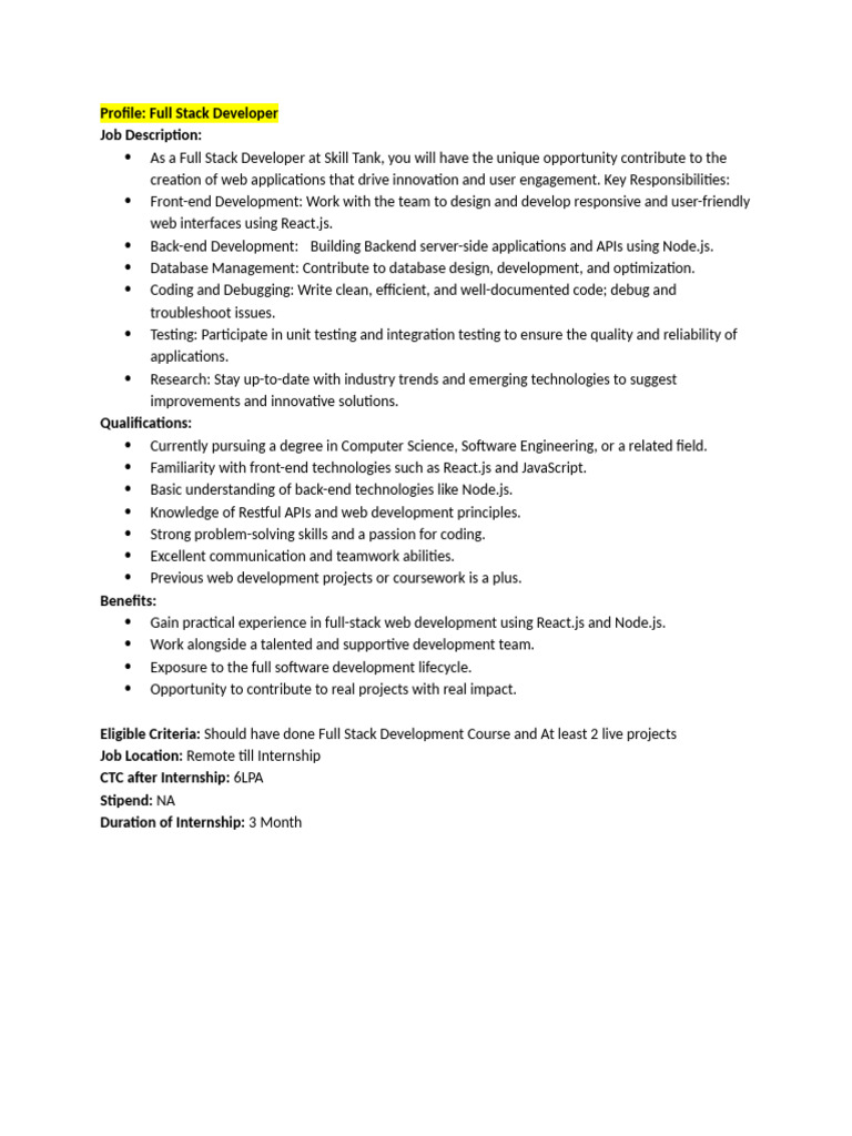 JD-Full Stack Developer | PDF