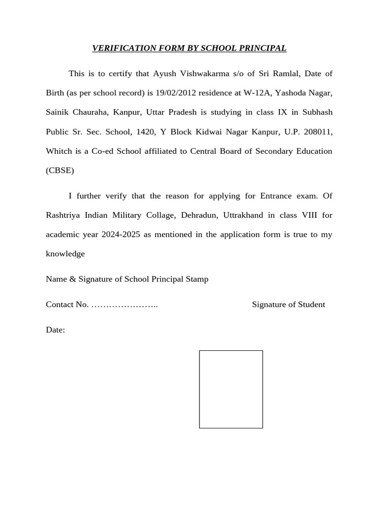 Verification Form by School Principal | PDF