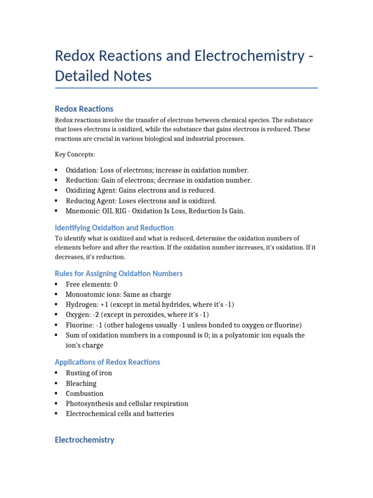 Redox and Electrochemistry Detailed Notes | PDF | Redox | Anode