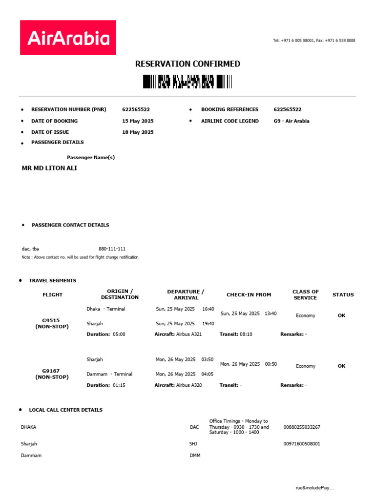 Travel Itinerary for Md Liton Ali | PDF | Airbus | Airliner