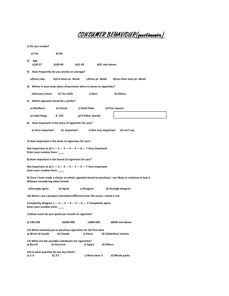 CONSUMER BEHAVIOUR (Questionnaire) | PDF