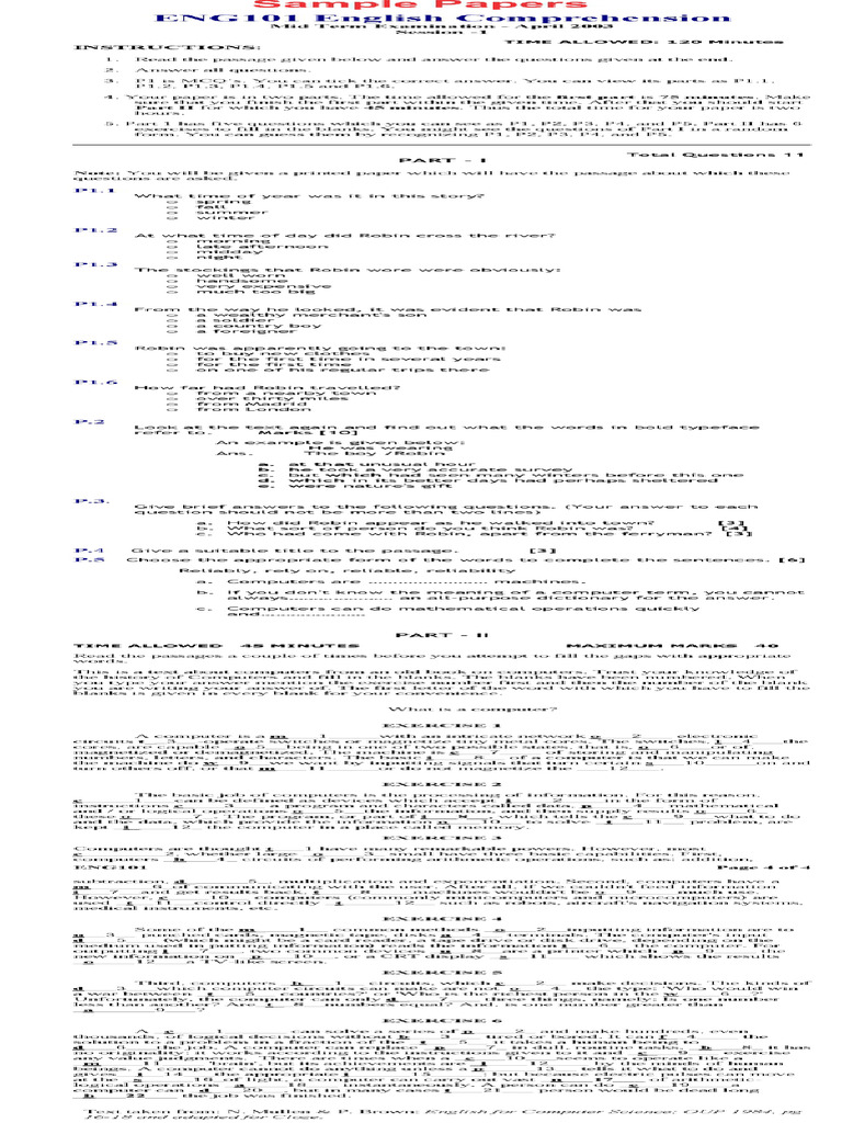Eng 101 English Comprehension BBIT VU University Past Papers 2003 Mid Term Session 1 | PDF