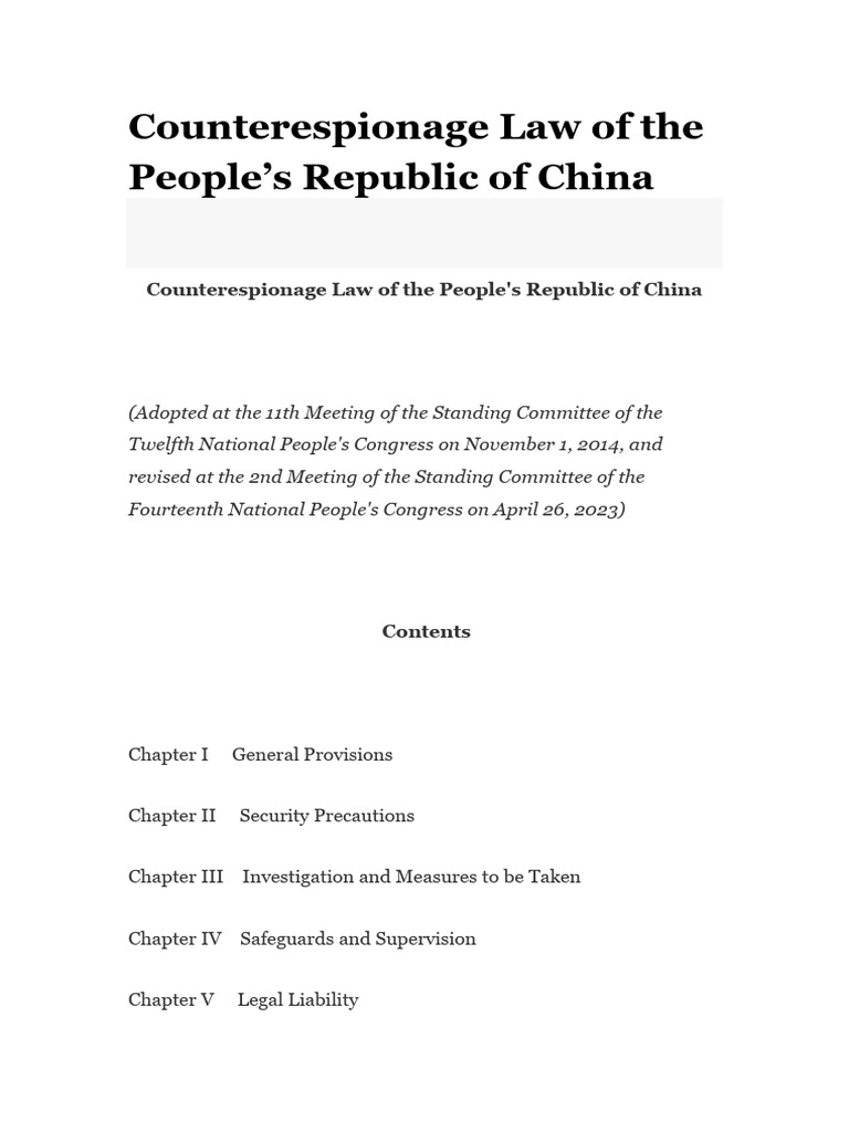 China's Updated Counterespionage Law 2023 | PDF | Espionage ...