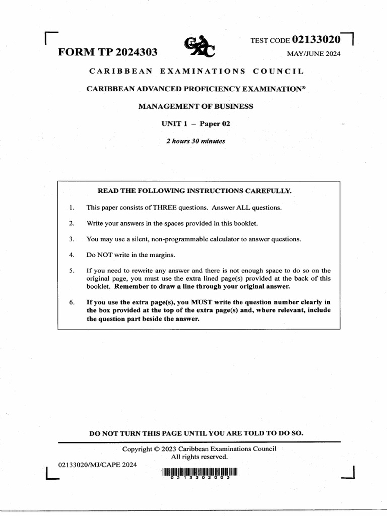 Management of Business Unit 1 Paper 2 Past Paper Booklet | PDF ...