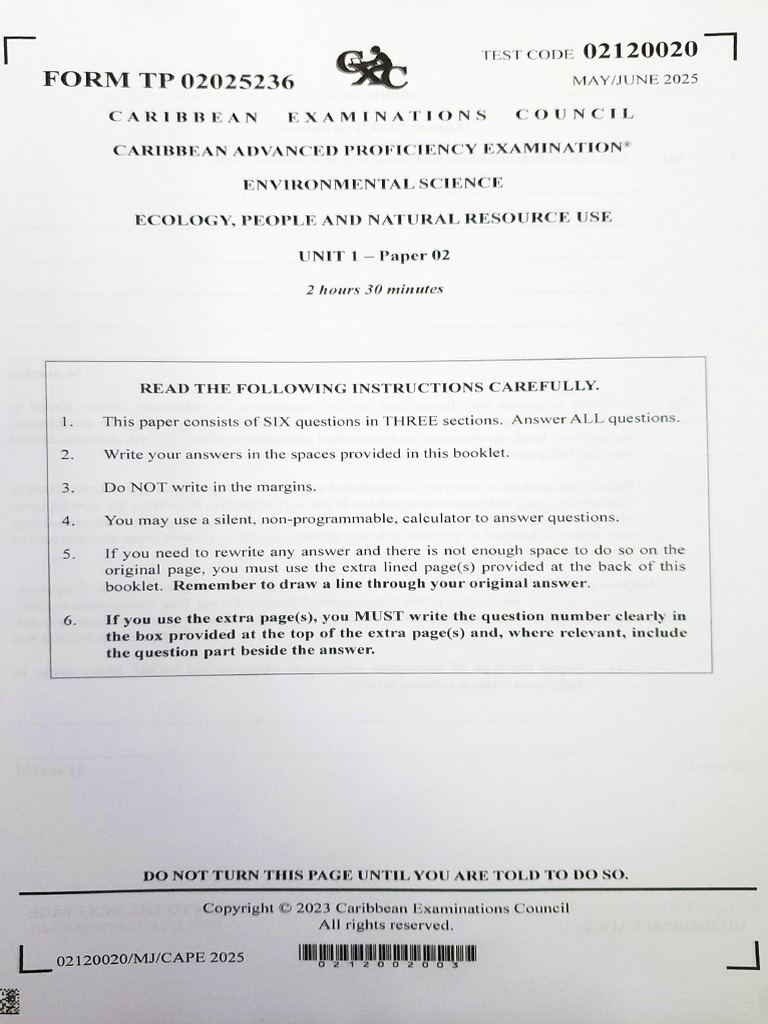 CAPE Unit 1 Environmental Science P2 June 2025 | PDF