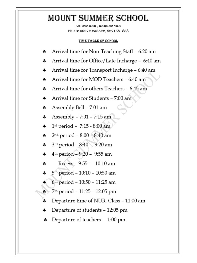 Mount Summer School Timetable | PDF