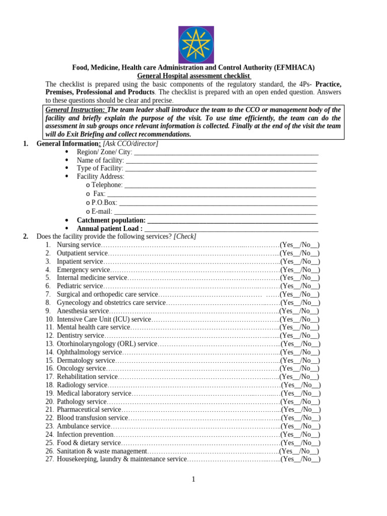 General Hospital Assessment Checklist | PDF | Hospital | Patient
