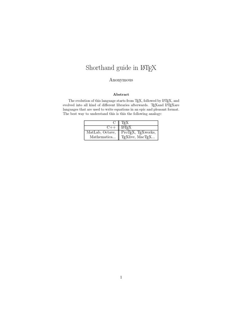 Shorthand Guide in L Tex: C Tex C++ L Tex Matlab, Octave, Protex ...