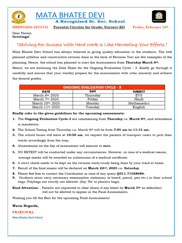 152 - Grade-Nursery 0 KG Ongoing Ev-43 Datesheet Circular | PDF