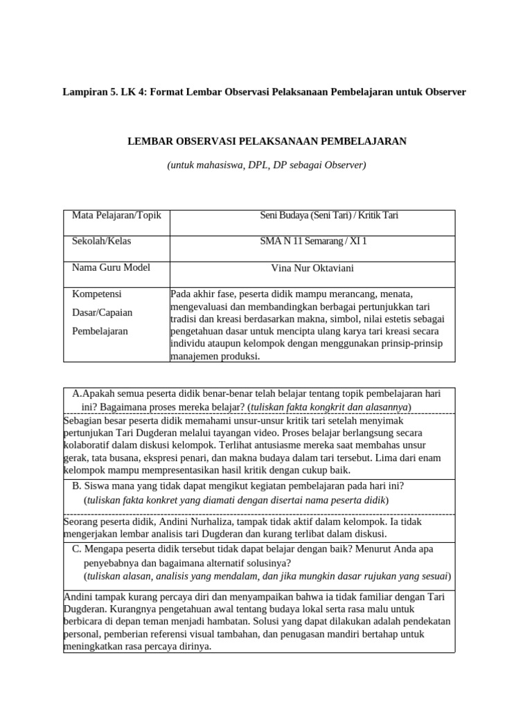 01.05.6-B4-5 Unggah LK 4 - Lembar Observasi pembelajaran observer - Siklus 1 | PDF