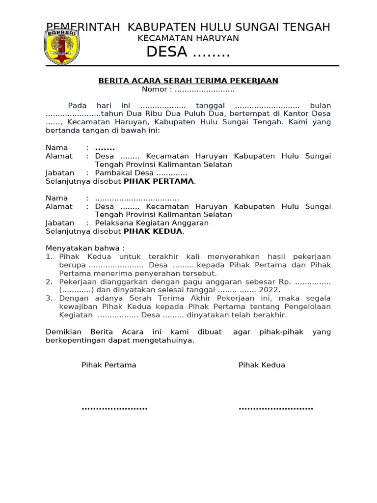 Contoh BA Serah Terima Kegiatan TH 2022 | PDF