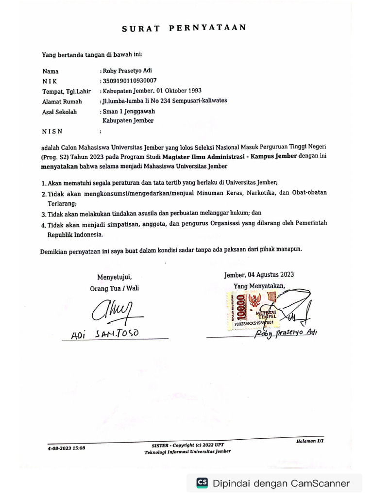 Surat Pernyataan Taat Aturan | PDF