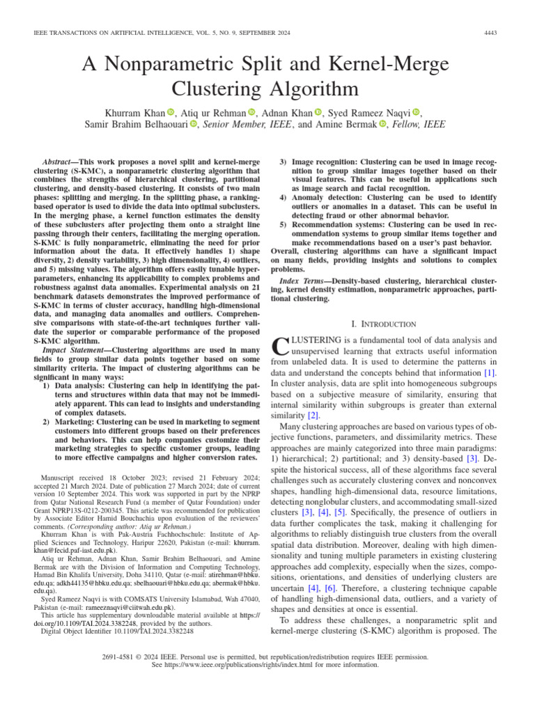 A Nonparametric Split and Kernel-Merge Clustering Algorithm | PDF | Cluster Analysis | Matrix ...