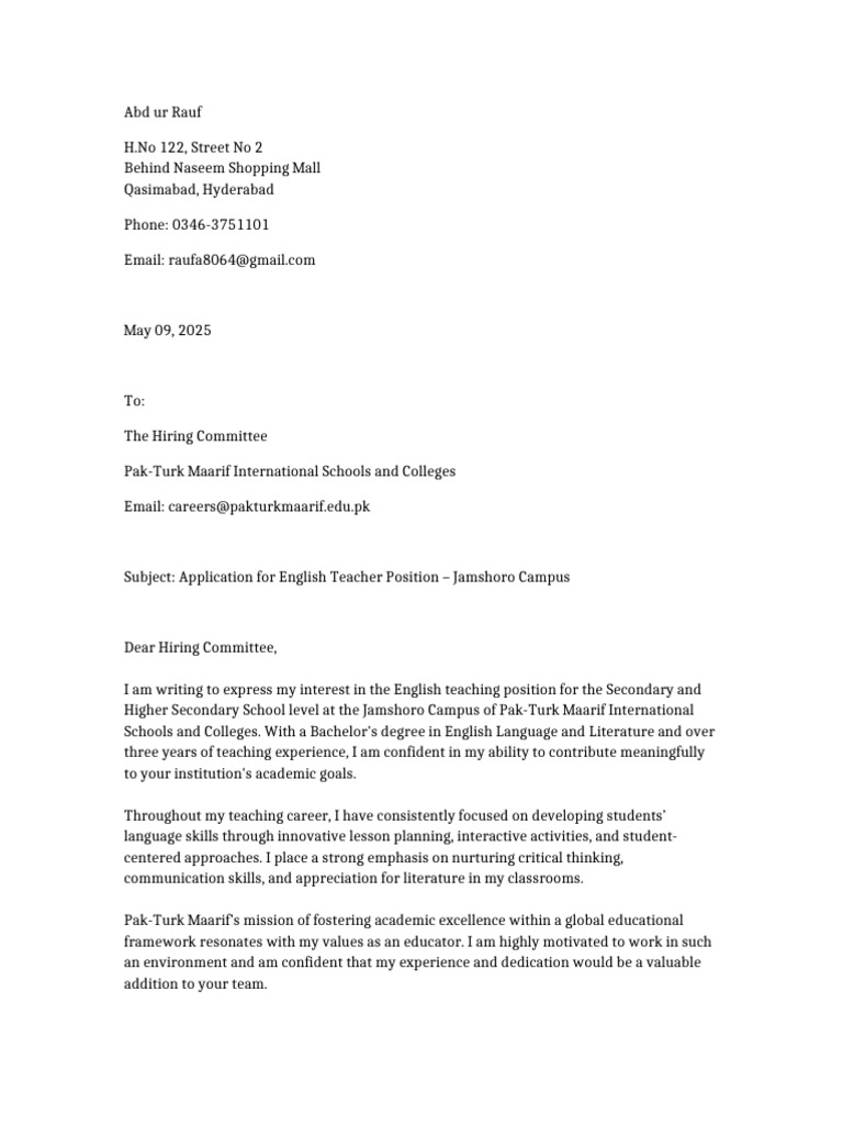 Abd Ur Rauf Cover Letter | PDF
