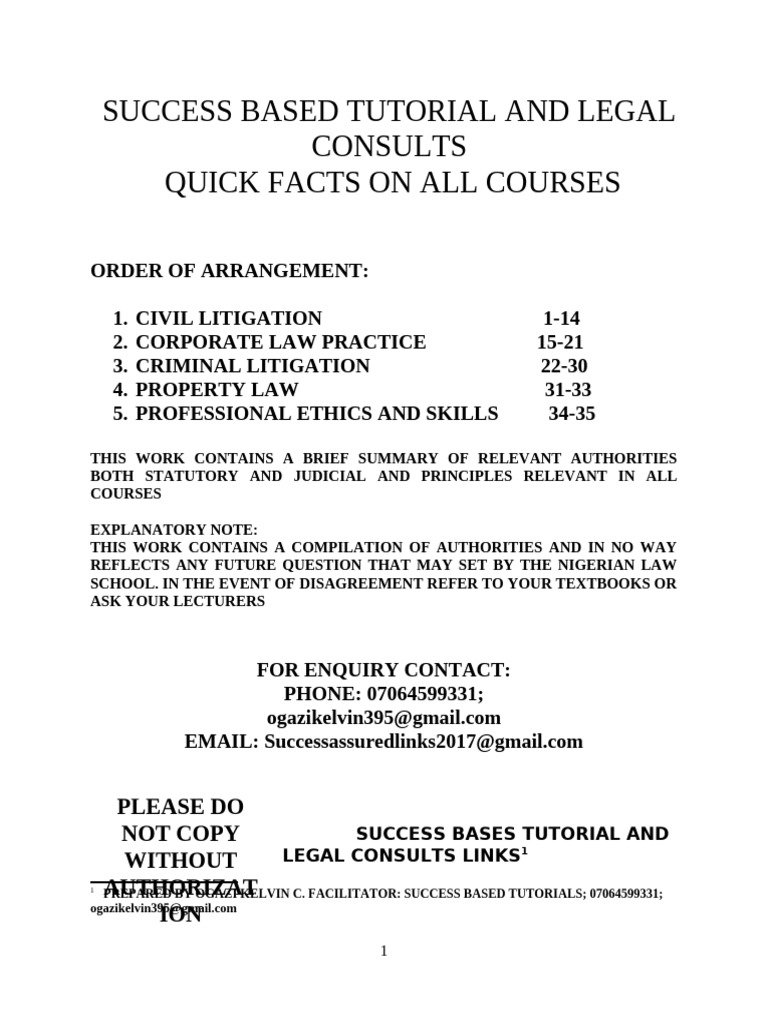 Nigerian Law Course Quick Facts Guide | PDF | Liquidation | Bail