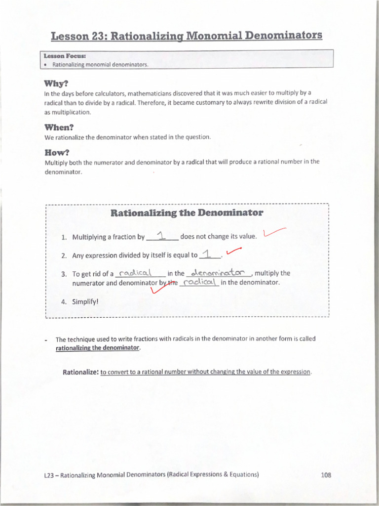 Lesson 23 Rationalizing Monomial Denominators (Corrections) | PDF