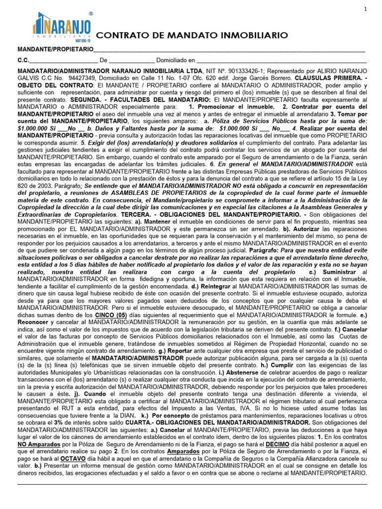 CONTRATO MANDATO NARANJO LTDA Versión 5 | PDF | Seguro | Póliza de seguros