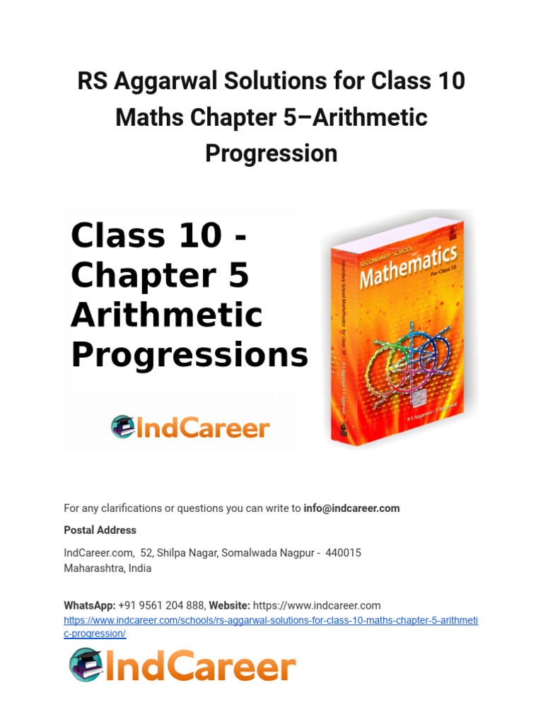RS Aggarwal Solutions For Class 10 Maths Chapter 5 Arithmetic Progression | PDF | Area | Circle