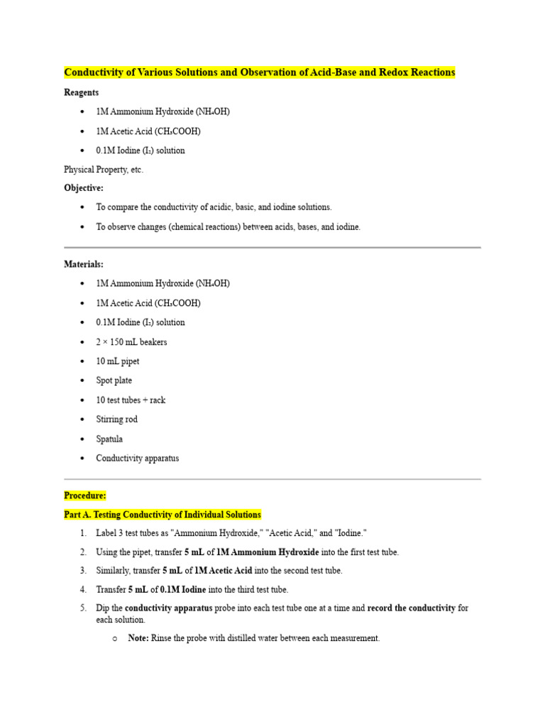 Conductivity of Various Solutions | PDF | Acid | Chemical Compounds