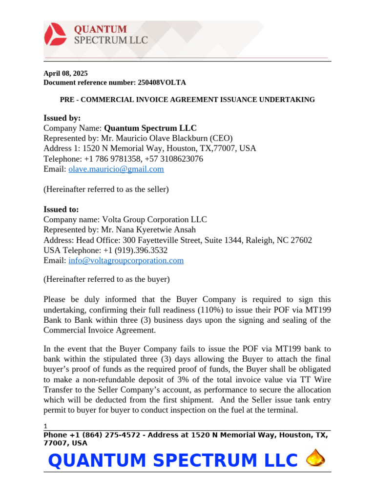 Volta - Pre Commercial Invoice - Agreement Issuance Undertaking | PDF ...