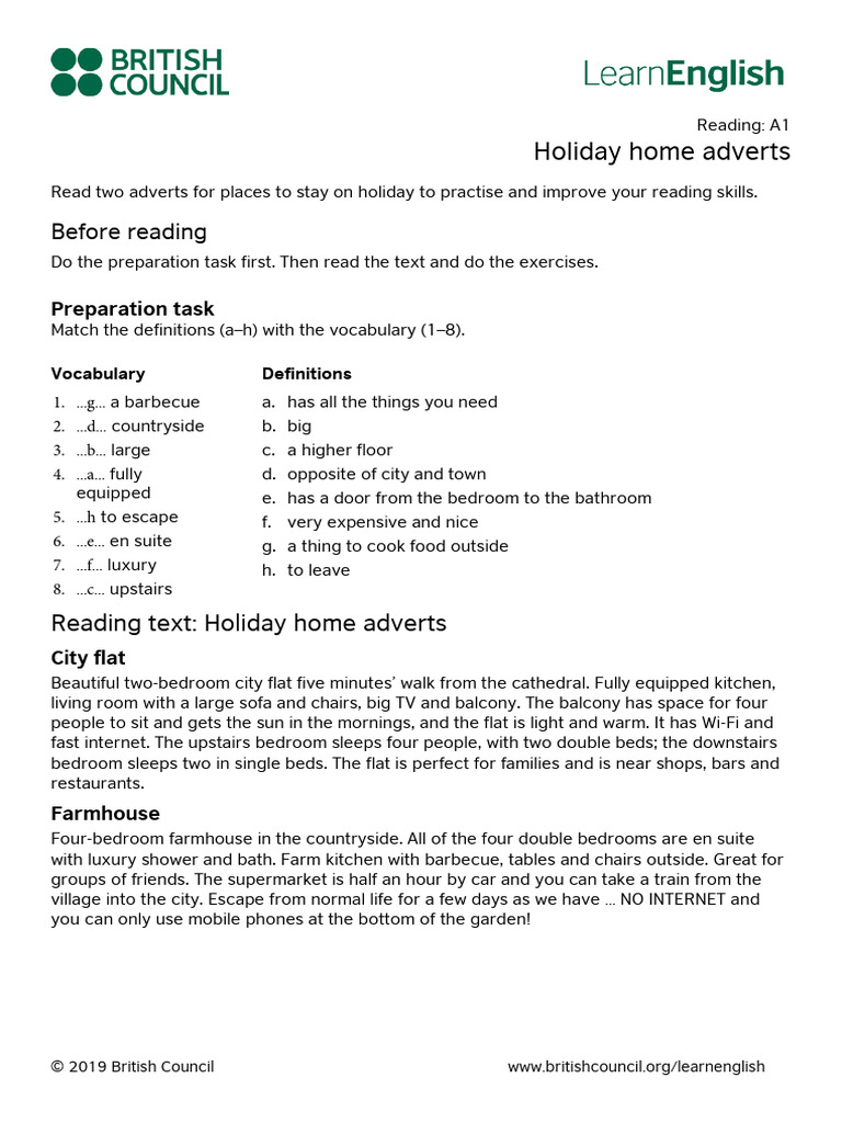 LearnEnglish-Reading-A1-Holiday Home Adverts - Removed | PDF | Bathroom