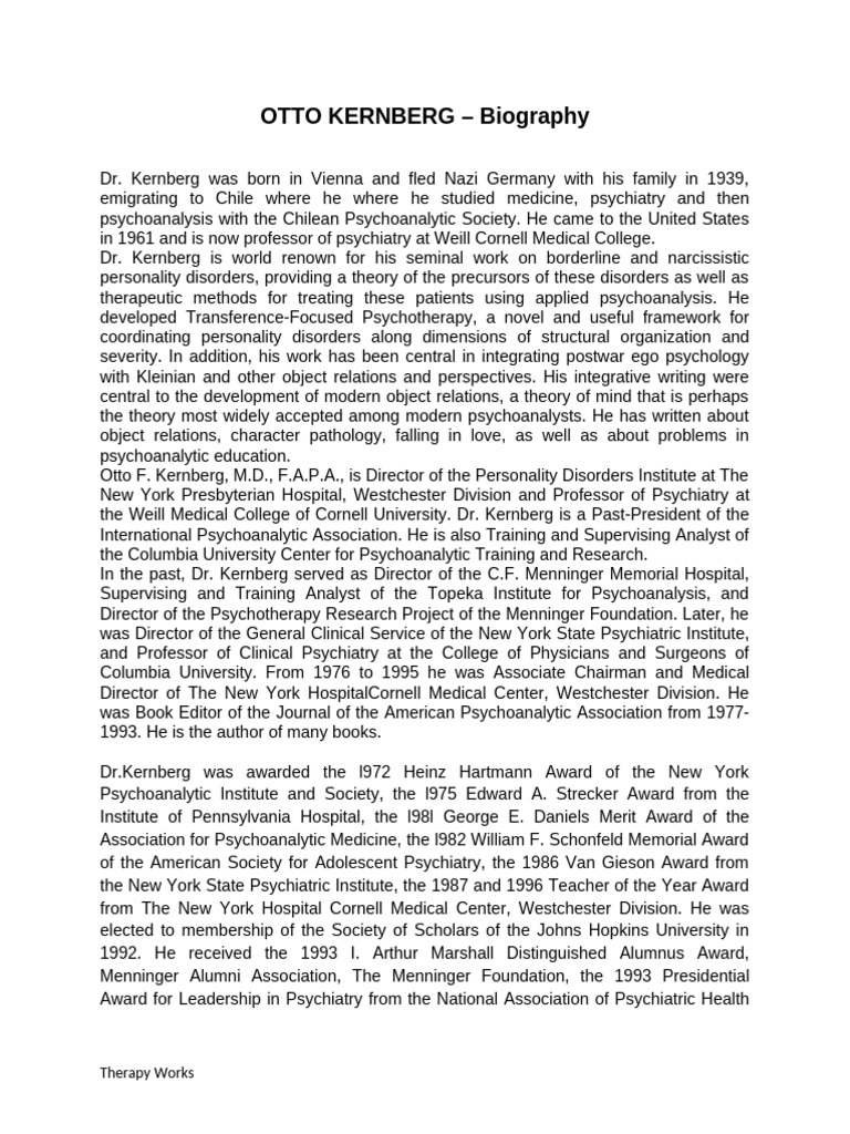 Otto Kernberg: Biography and Contributions | PDF | Therapy ...