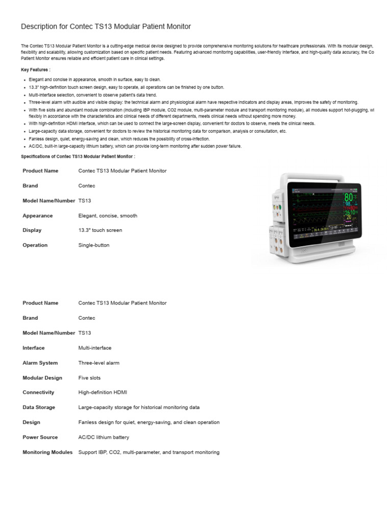 Contec TS13 Modular Patient Monitor | PDF | Computer Monitor | Patient