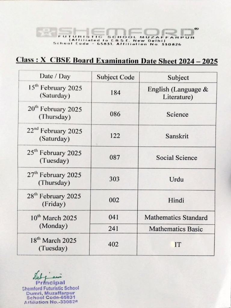 Class 10th CBSE Board Exam time table | PDF