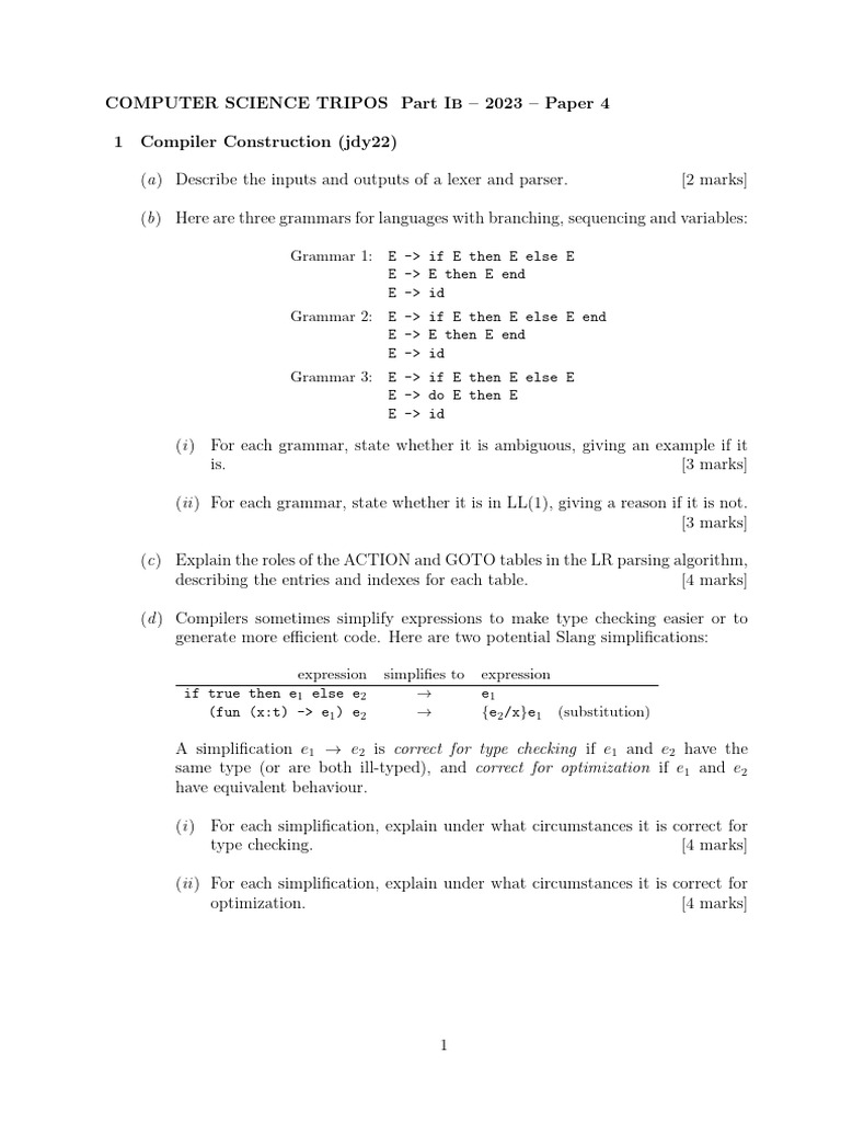 Computer Science Tripos Part I - 2023 - Paper 4 Compiler Construction ...