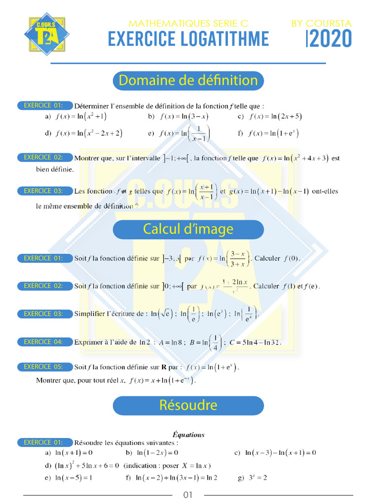 Exercices - Fonction - Logarithme - Serie A | PDF