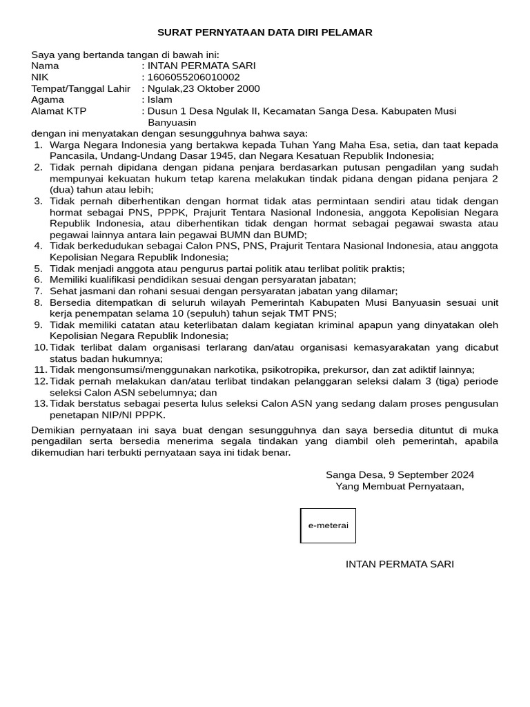 Format Surat Pernyataan INTAN | PDF