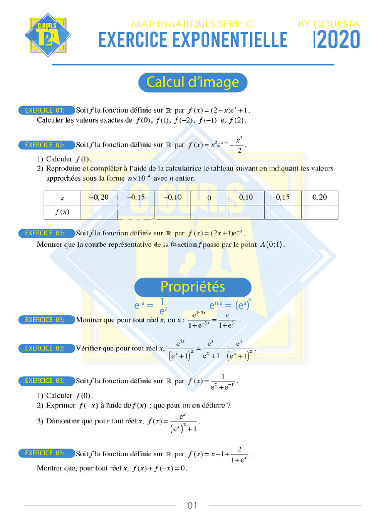 Exercices - Fonction - Exponentielle - Serie A | PDF