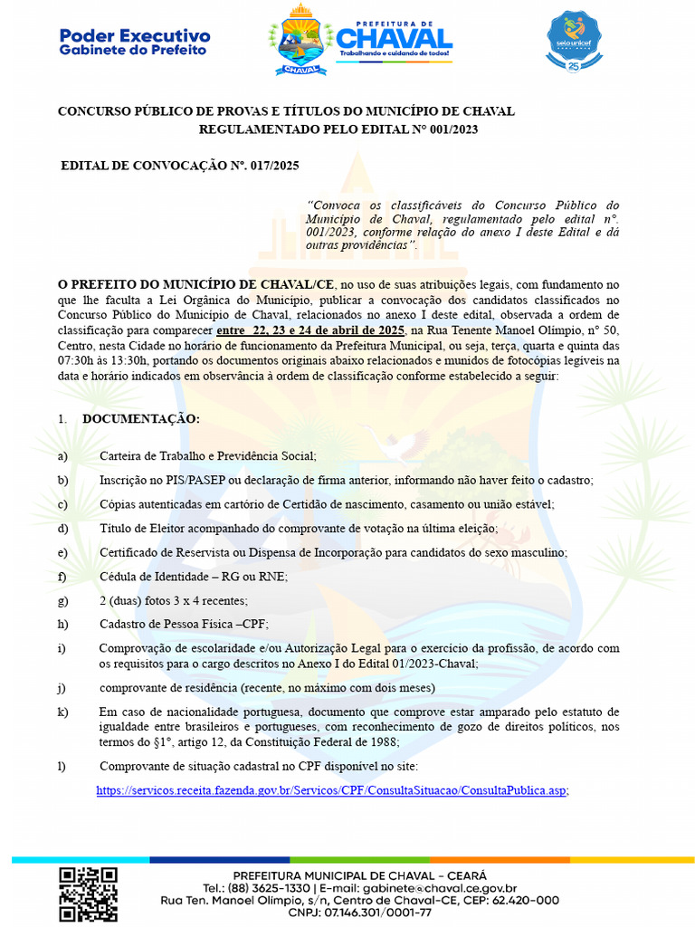 Convocação Concurso Chaval 2025 | PDF | Governo