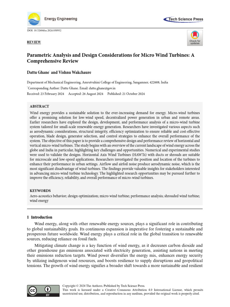 Parametric Analysis and Design Considerations For Micro Wind Turbines A ...