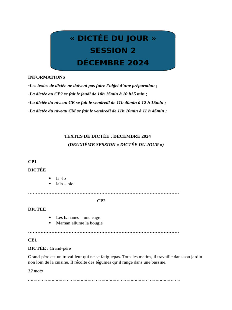 Textes de dictée décembre 2024 | PDF | Linguistique