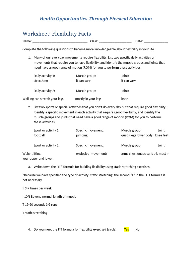 Worksheet Flexibility Facts | PDF | Flexibility (Anatomy) | Strength ...