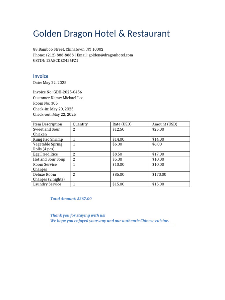 Hotel Invoice Chinese Menu | PDF