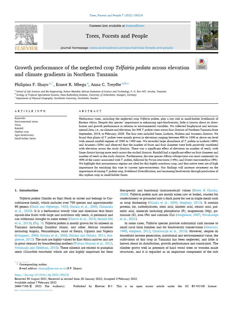 Growth Performance of The Neglected Crop Telfairia Pedata Across Elevation and Climate Gradients ...