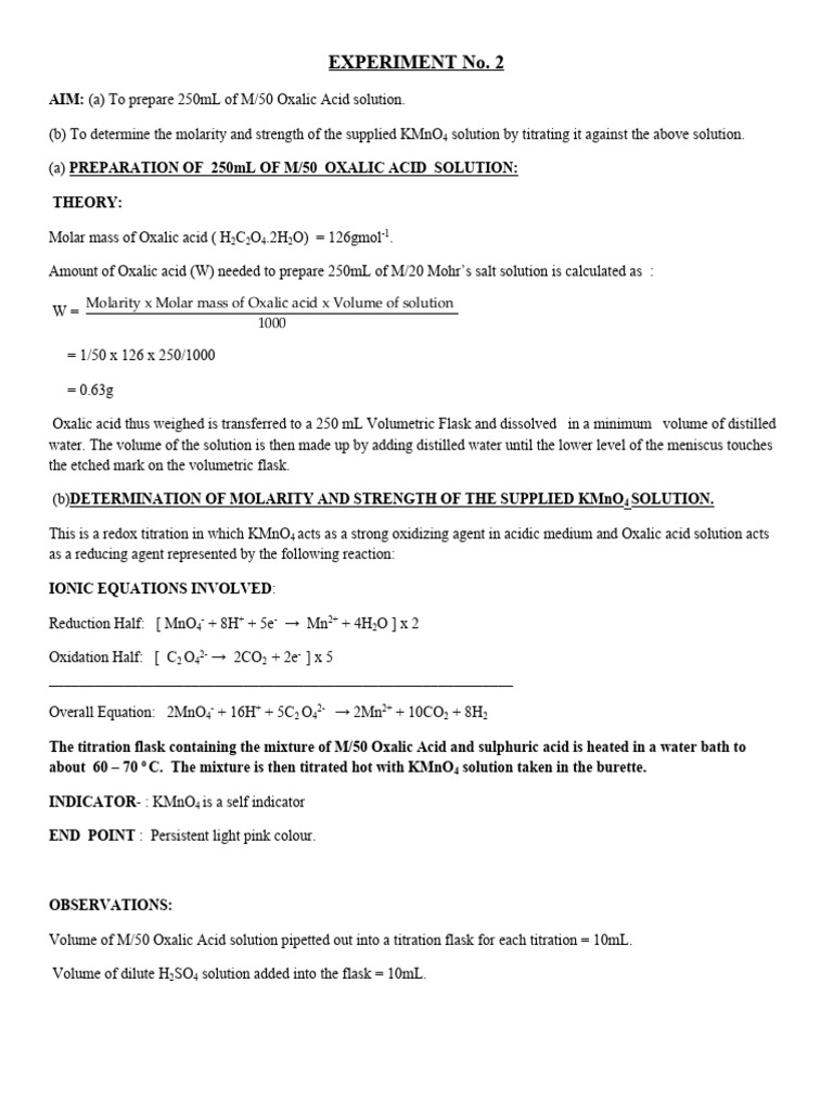 KMnO4 Vs Oxalic Acid Titration | PDF | Titration | Chemistry