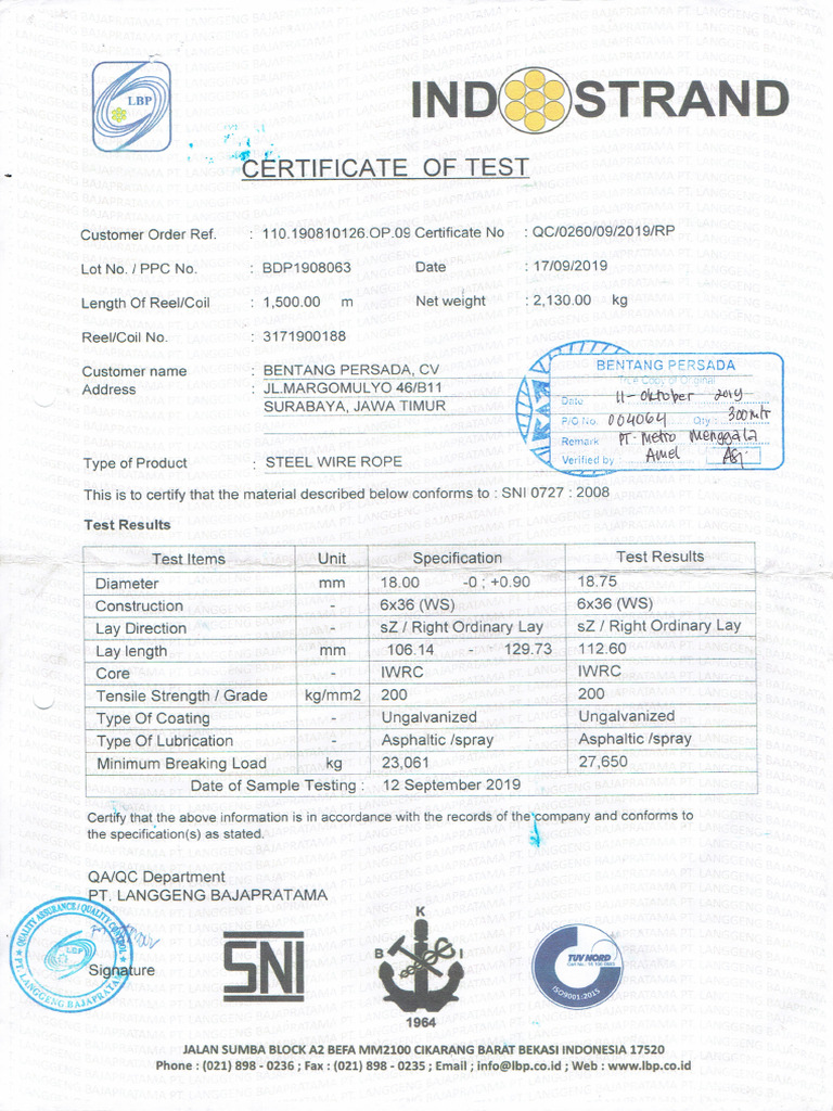 Contoh Sertifikat Wire Rope | PDF