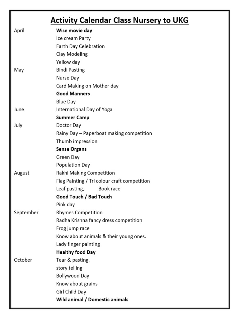 UKG Activity Calendar 2025 | PDF