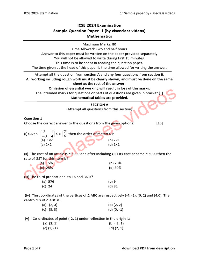 ICSE 2024 Mathematics Sample Paper | PDF | Speed | Euclidean Geometry